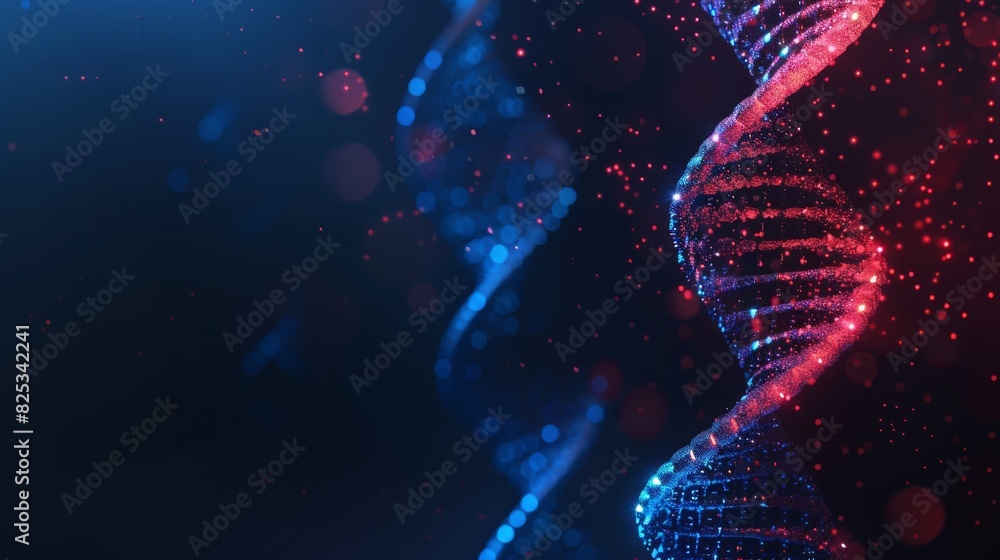 Abstract DNA strands in dark blue and red against a minimal background ...