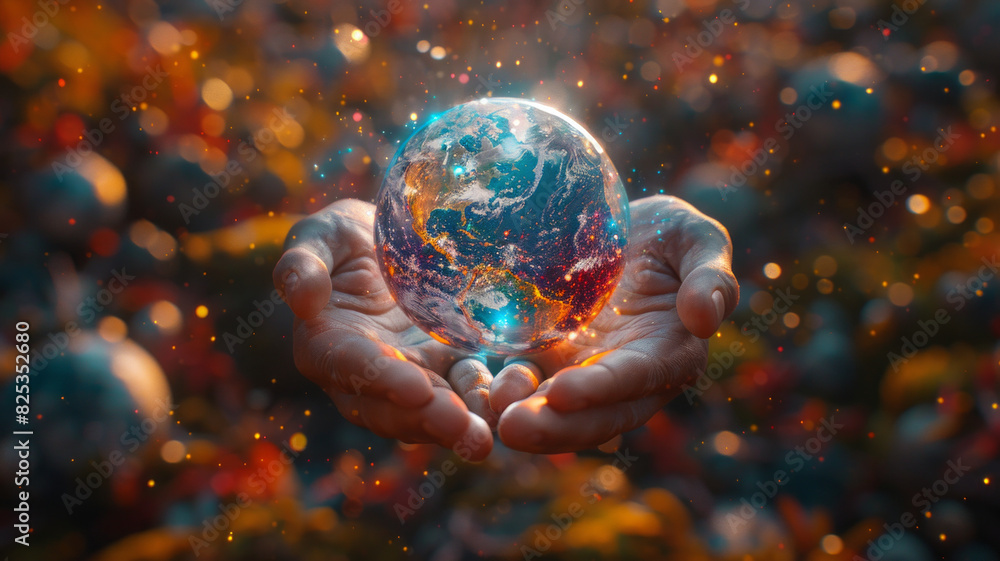 A sphere of earth floating in hands, many planets around it, universe ...
