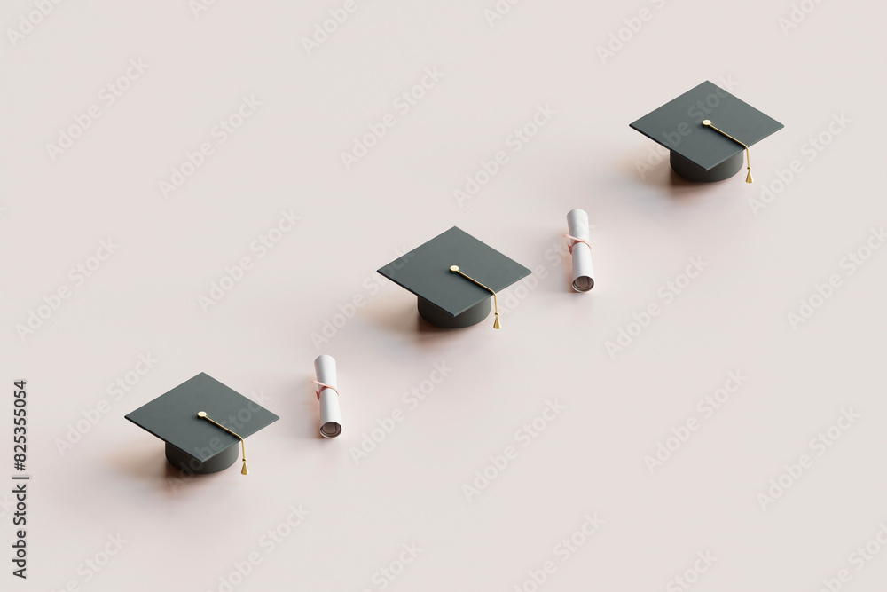 Minimalistic Graduation Caps and Diplomas on Pastel Background Stock ...