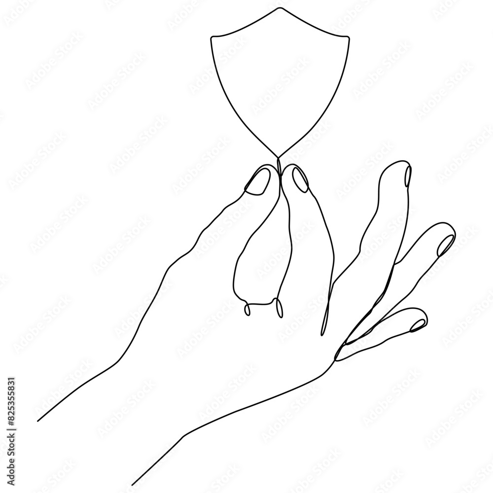 Hands holding shield badge continuous one line drawing. Guard protect ...
