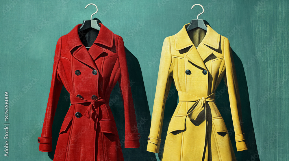 Two trench coats, one red and one yellow, hanging side by side on ...