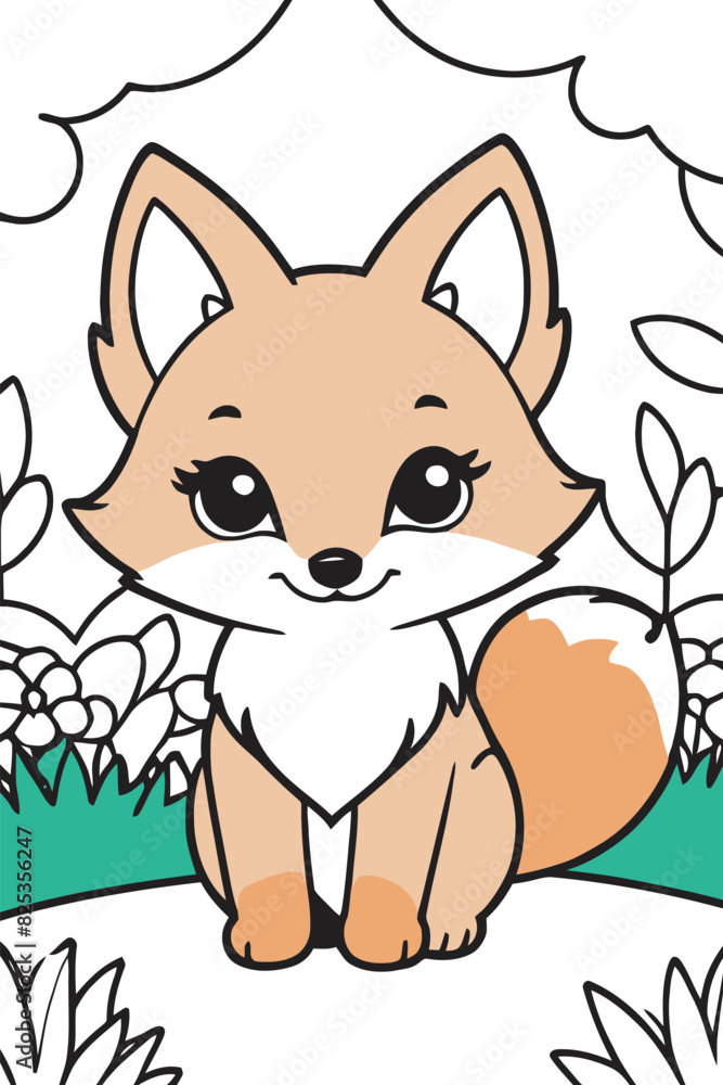 Chibi Kawaii style of a Sweet little fox in garden, coloring page, Cute ...
