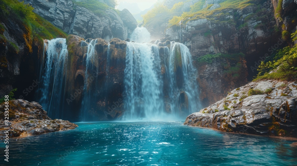 natural water feature, stunning waterfall flowing over rocks into ...