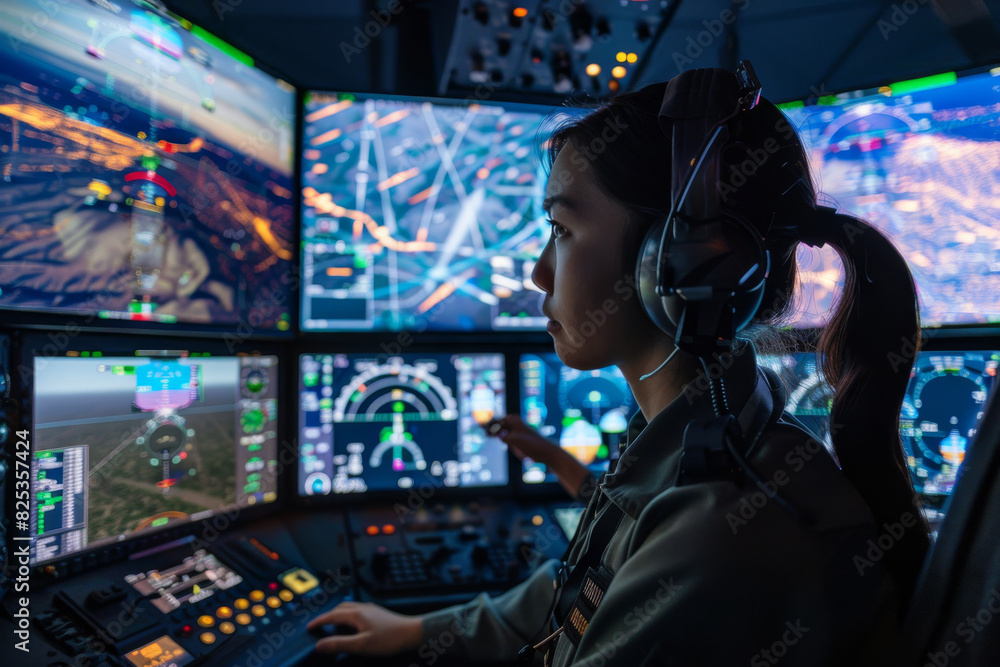 Female pilot training with advanced AI in flight simulator cockpit ...
