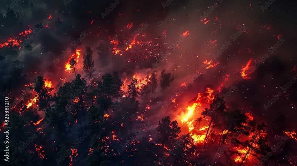 The photo shows a raging forest fire. The flames are devouring the ...