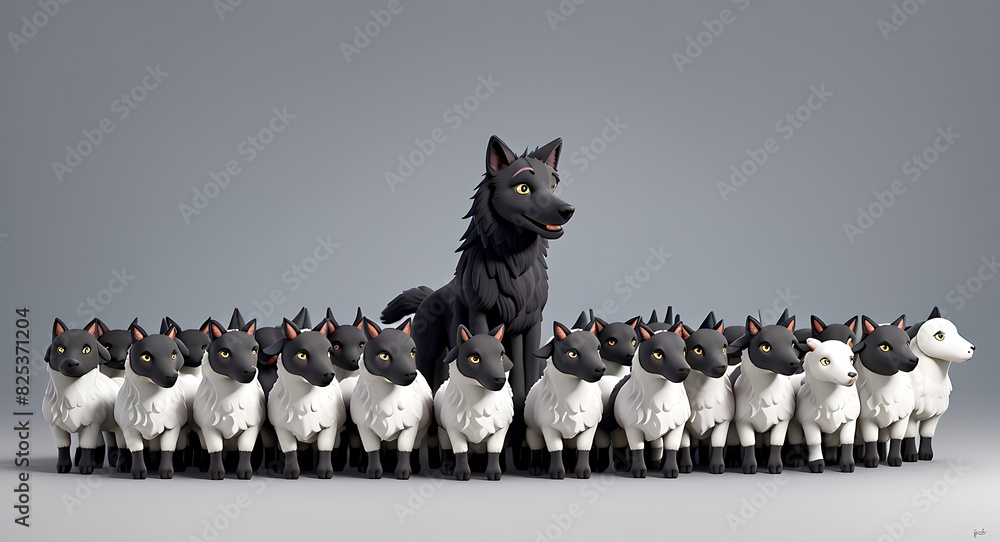 A black wolf among a flock of white sheep, raising head, Concept of ...