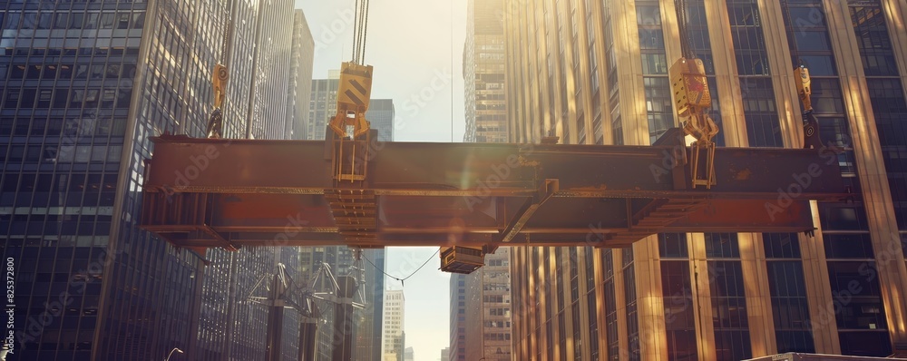 Construction scene with steel beams and machinery amidst tall city ...