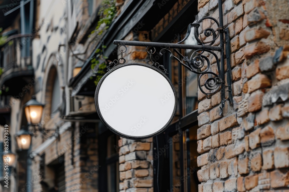 A blank, round shop sign mockup with a vintage metal frame, hanging ...