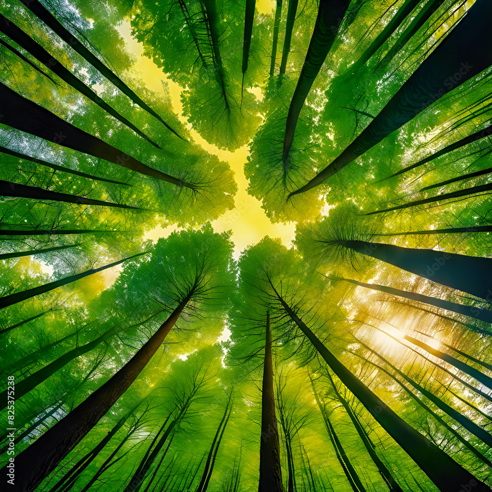 Upward view of forest canopy circle of trees illustration, nature ...