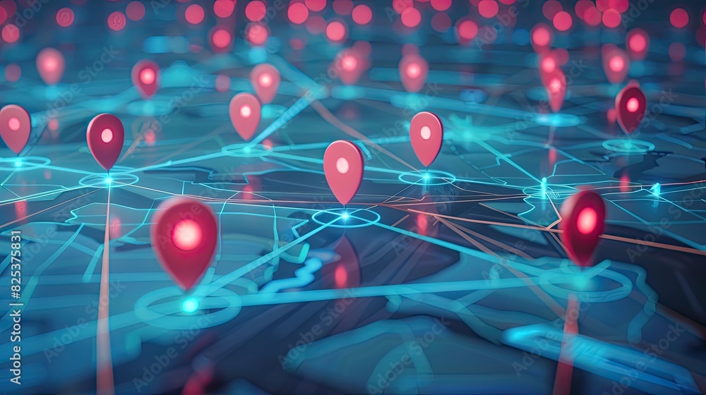 A digital map featuring interconnected location pins, symbolizing global network connectivity ...