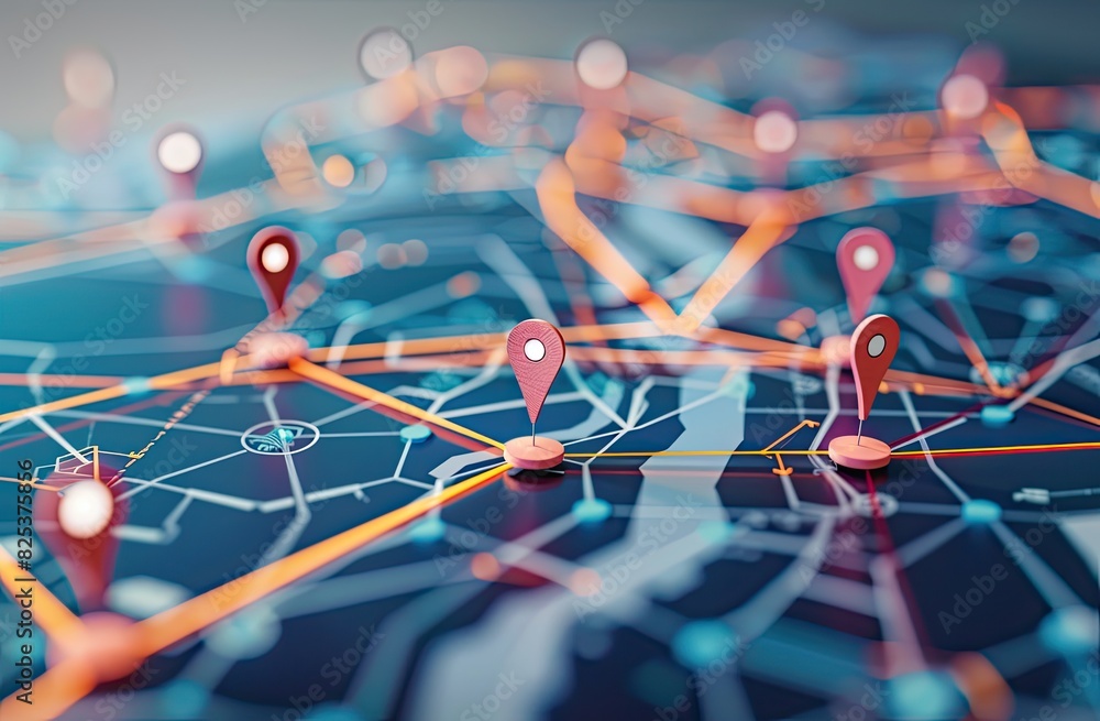 A digital map featuring interconnected location pins, symbolizing global network connectivity ...