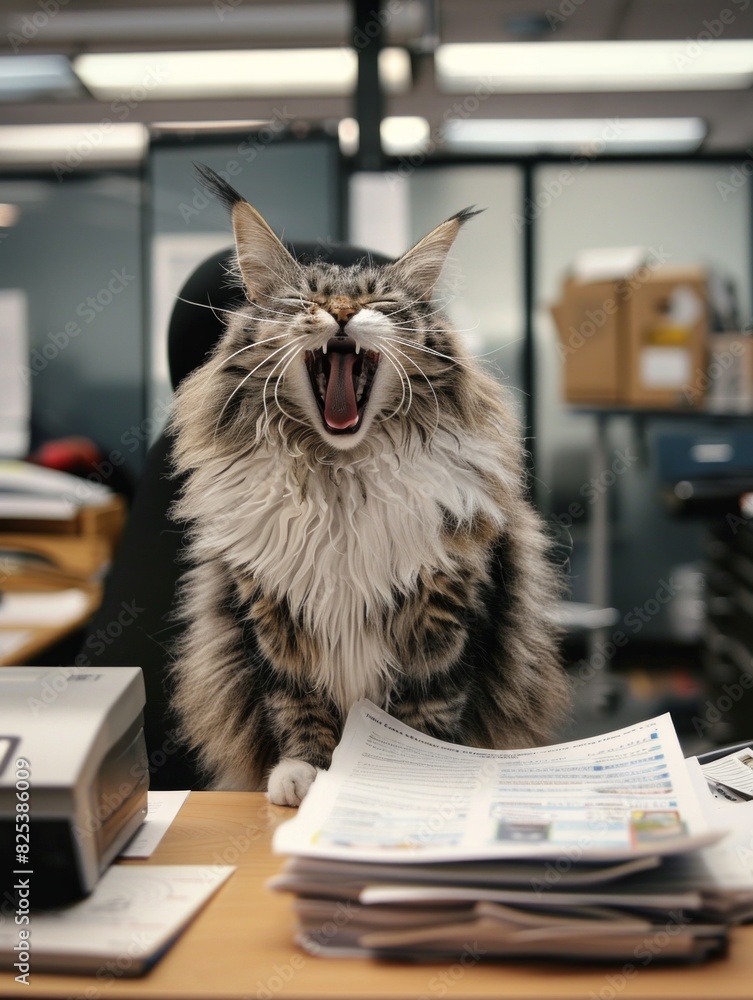 Yawning Maine Coon Cat at Office Desk, Workplace Humor, Office Pet ...