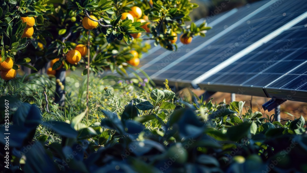 This image showcases agrovoltaics: solar panels coexisting with fruit ...