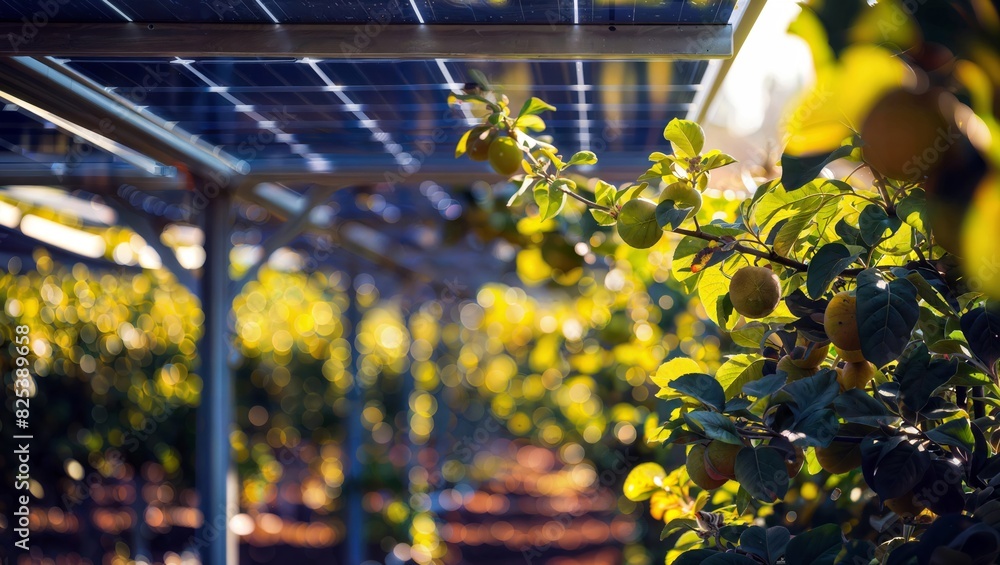 This image shows agrovoltaics, where solar panels are mounted above ...
