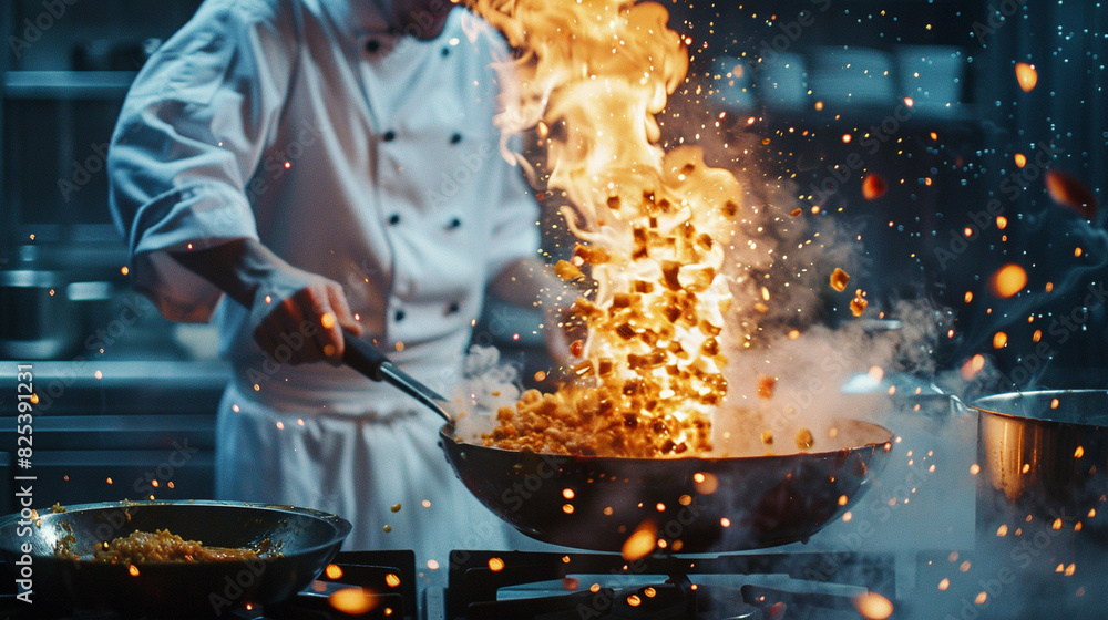 dynamic shot of a chef tossing ingredients in a pan with flames leaping ...
