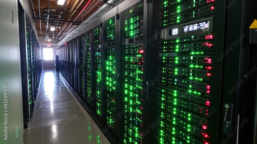Rows of computer servers fill an open data center, with screens ...