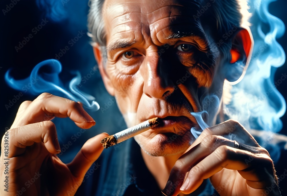 A Close-up of an old man smoking. His lifespan is nearing its end due ...