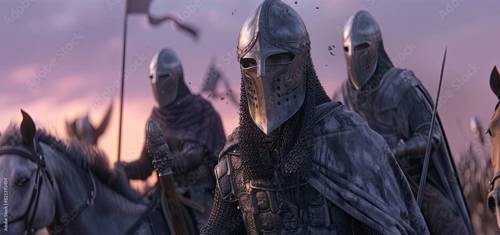 Mounted detachment of medieval knights in metal armor and helmets ready ...