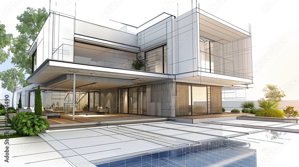 Illustration of modern houses and building plans with drawings ...