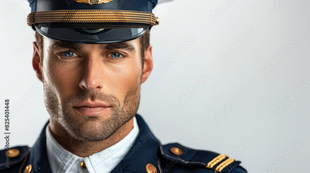 police officer; uniform; confident; portrait; blue eyes; beard; indoors ...