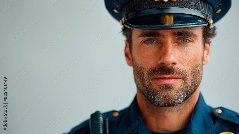 Portrait of a confident police officer with blue eyes and a beard ...
