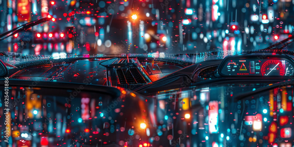 inside view from sports car cockpit, digital instruments dashboard ...