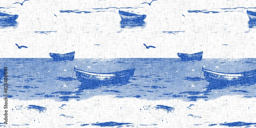 Coastal sail boat in azure ocean blue seamless border background ...