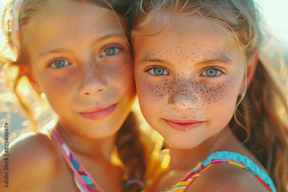 two eight year old girls with dewy summer skin with freckles wearing ...