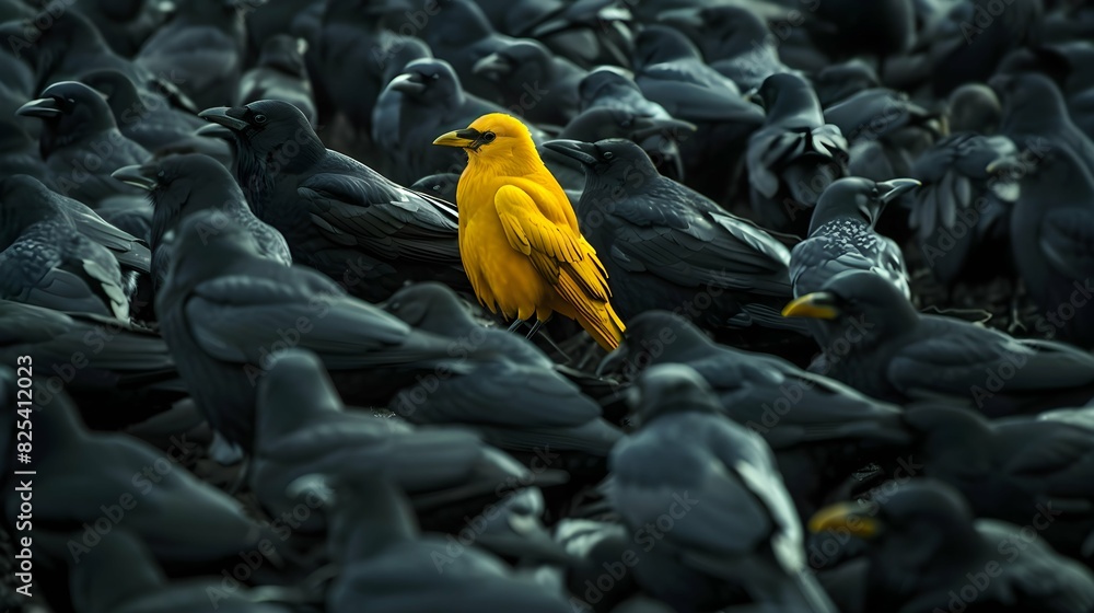 A yellow crow alone among a crowd of black crows, concept of standing ...