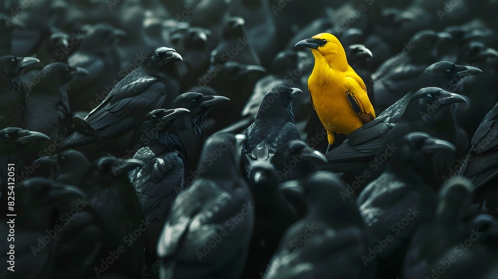 A yellow crow alone among a crowd of black crows, concept of standing ...