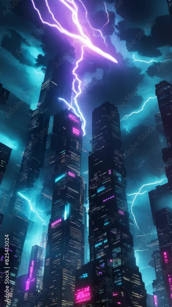Abstract night city animation, dynamic background with lightning over ...