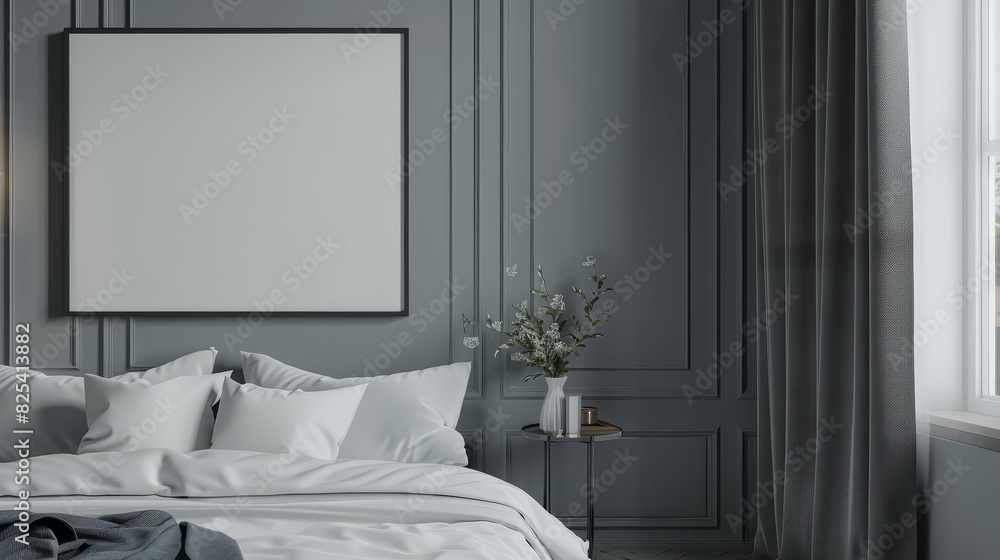 Mockup frame in a grey hotel bedroom interior with bed and visible ...