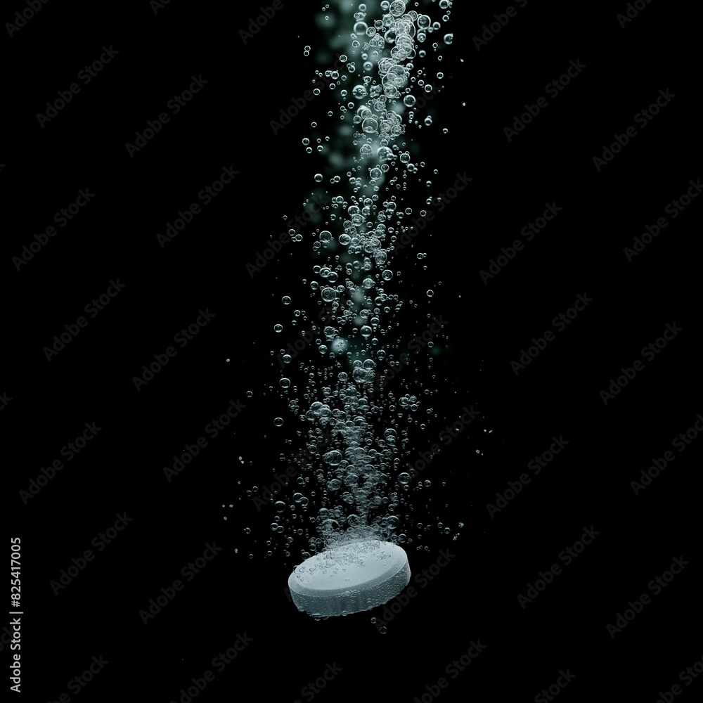 Realistic effervescent pill with fizzy bubbles dissolving in water ...