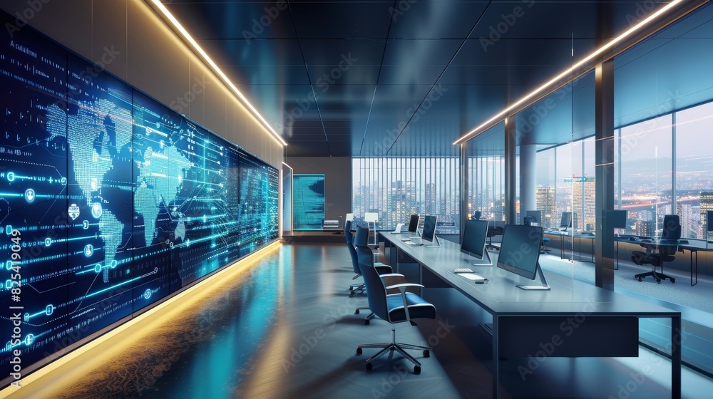 A network operations center with live network diagrams on screens ...