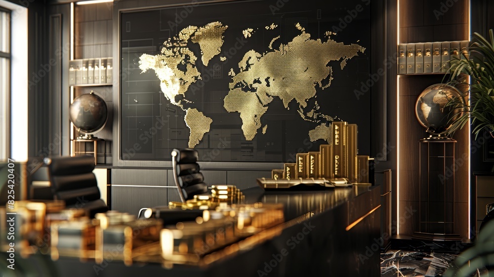 Modern Office Workspace with World Map Display Stock Illustration ...