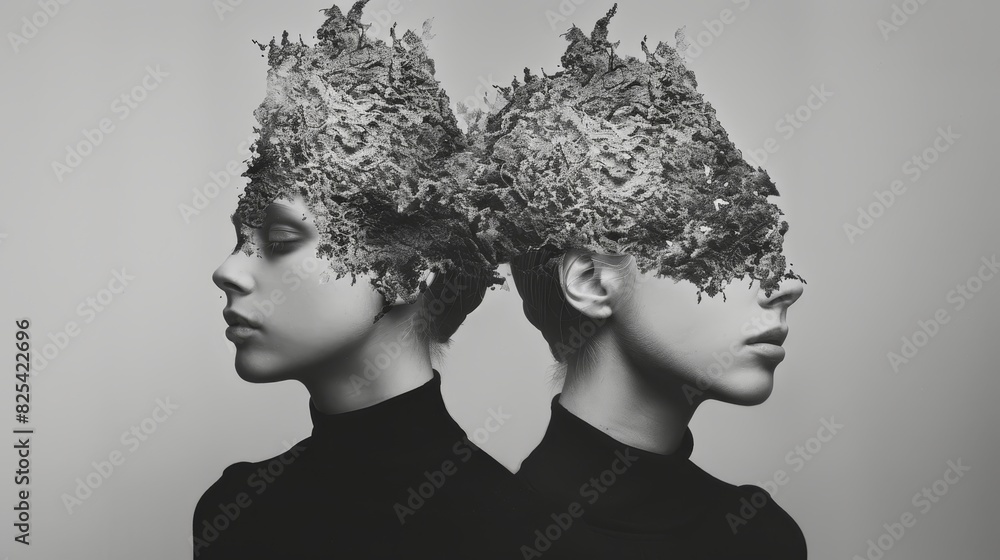 Striking black and white portrait of two profiles of the same person ...