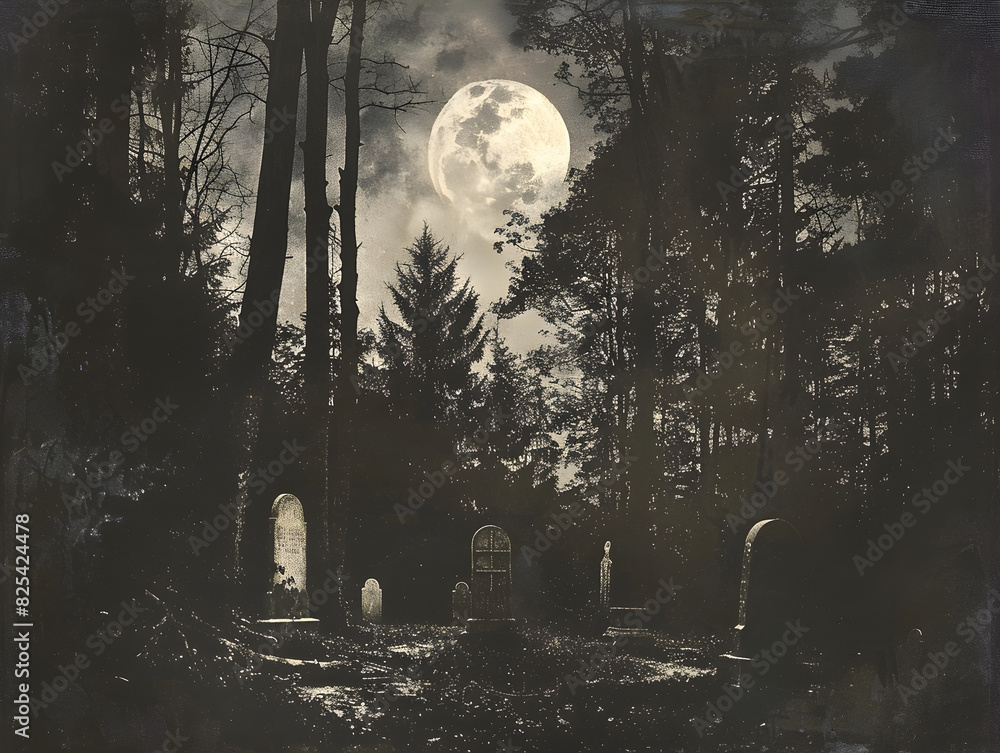 Spooky Eerie Night-time Forest Scene under Full Moon with Haunting ...