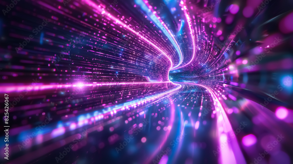 3d Render, Blue purple light line through dark background, hyper speed ...