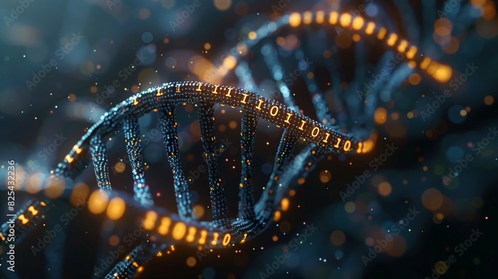 Digital illustration of a DNA double helix with binary code integrated into its structure ...