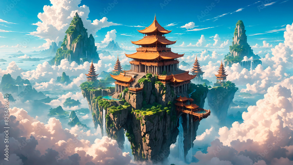 Magical floating sky islands, oriental temples, waterfalls, clouds, jungle, high detail, fantasy ...