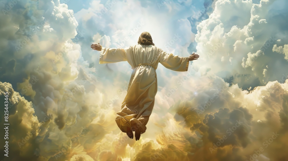 Ascension of Jesus into heaven, shown from behind as he ascends into ...