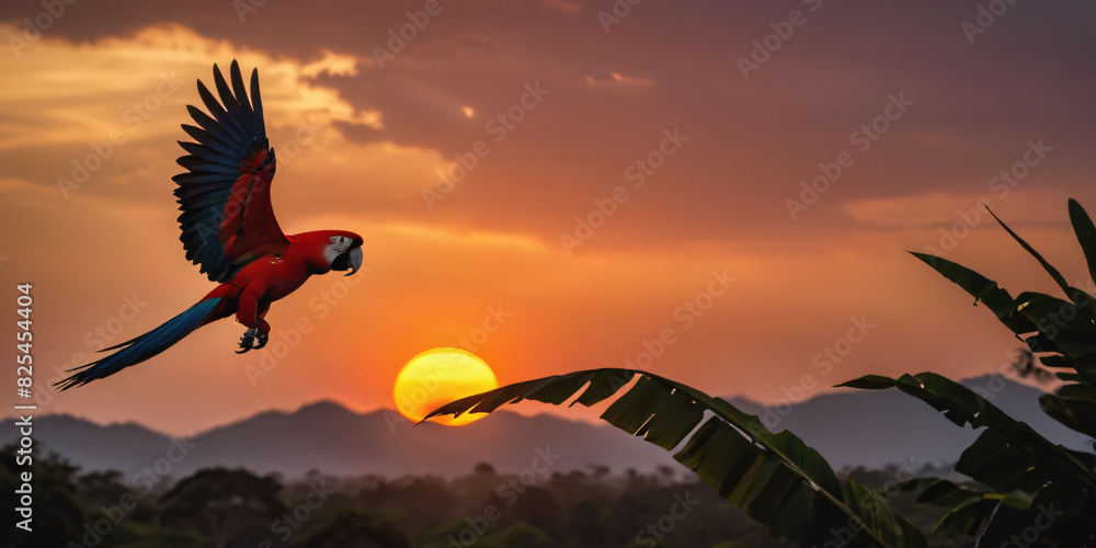 Scarlet Macaw Parrot with Wings Spread in Front of a Sunset. A scarlet ...