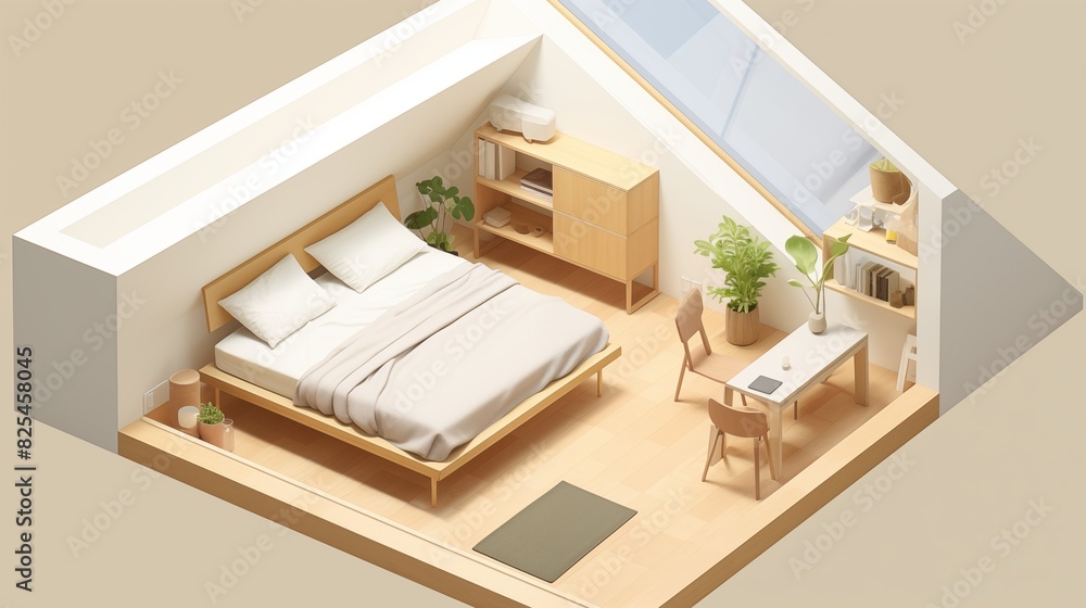 Isometric Vector of Muji House Guest Room with Skylights A guest room ...