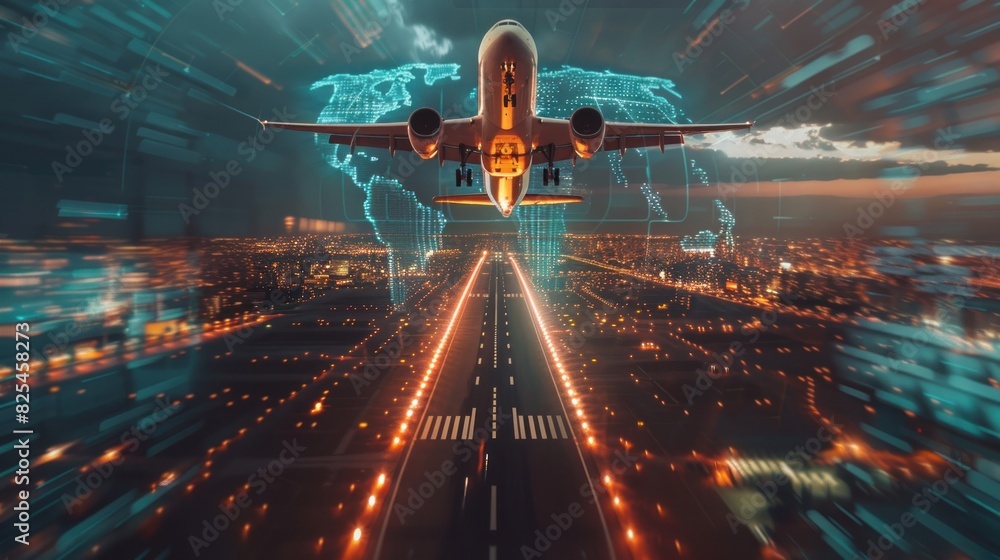 Airplane take off from airport runway on city skyline with virtual ...