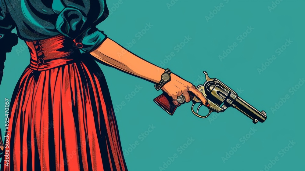 Vintage comic book style of an elegant long skirt female holding a ...