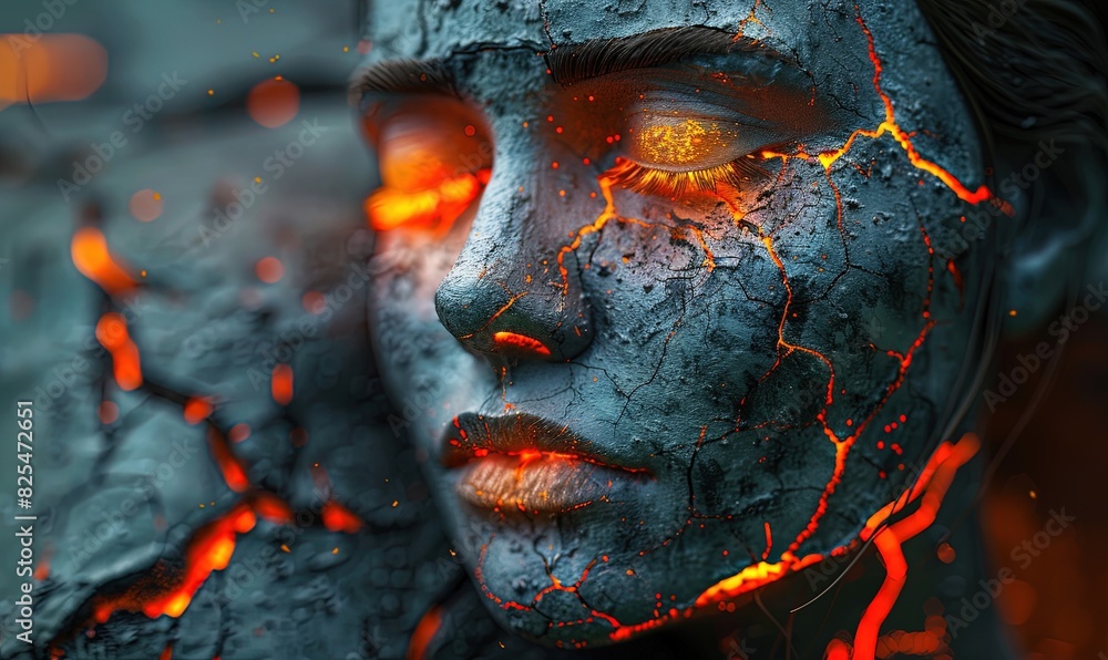 Artwork depicting a woman with orange skin, in the style of burned ...