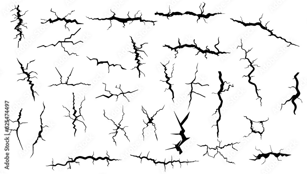 Crack, fissure, crevice vector illustration set black and white ...