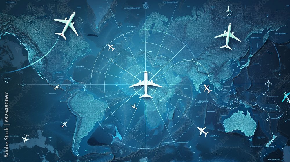 A flight path map with airplane icons taking off from various ...