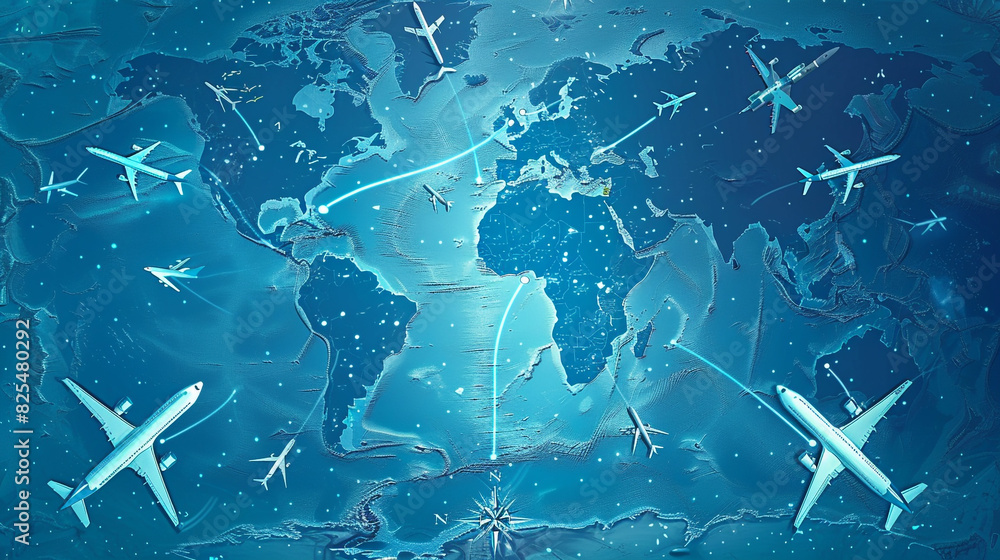 A flight path map with airplane icons taking off from various ...