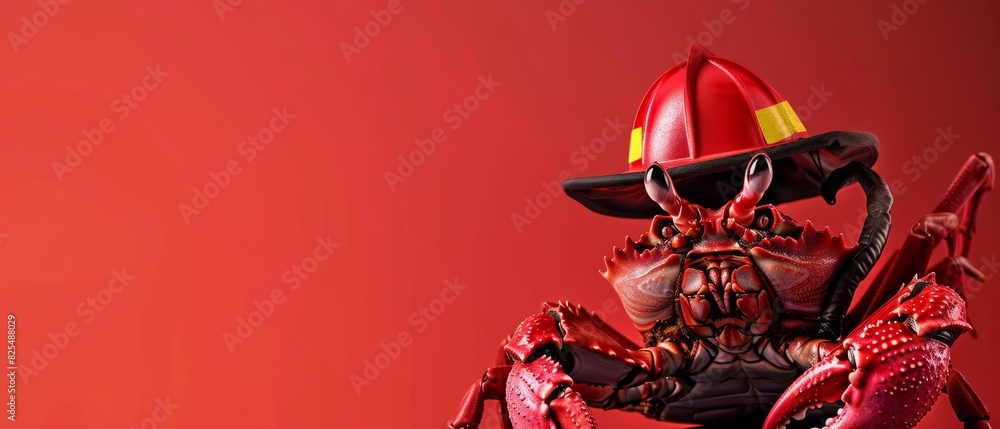 A crab dressed as a firefighter, complete with a helmet and hose, set ...
